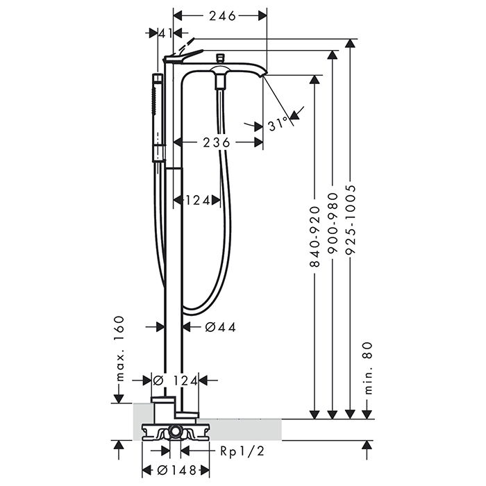 Hansgrohe Vivenis Смеситель для ванны, наполньный, с ручной лейкой ...